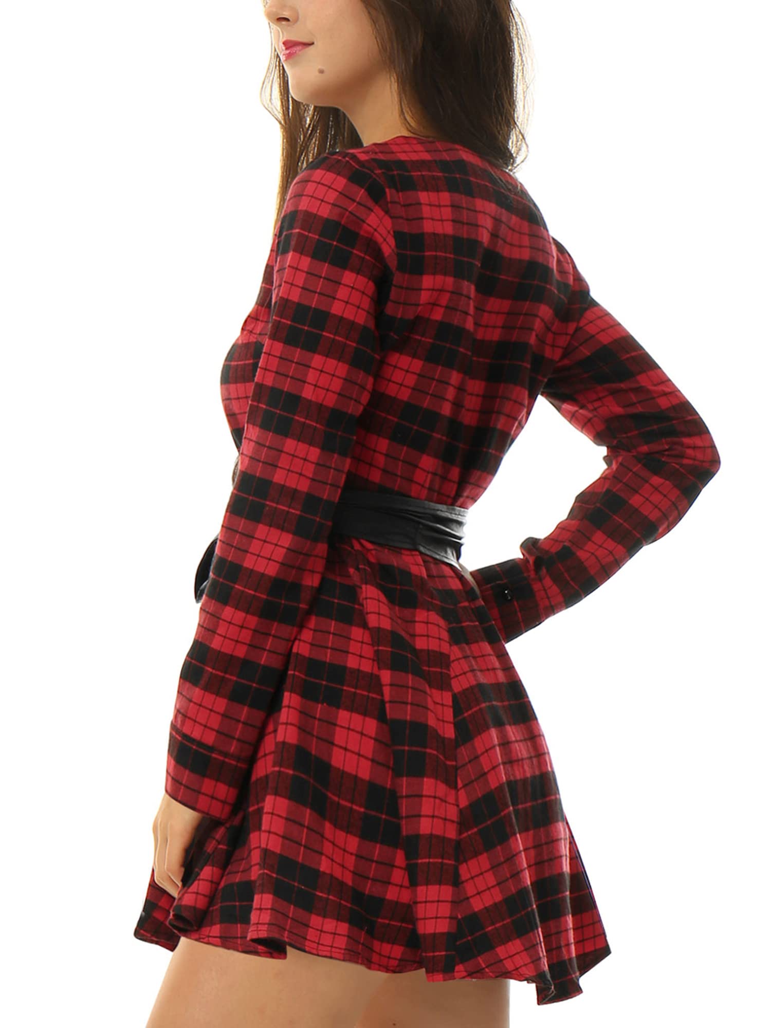 Allegra K Women's Christmas Plaid Dress Long Sleeve Button Down Belted Mini Shirtdress Small Red