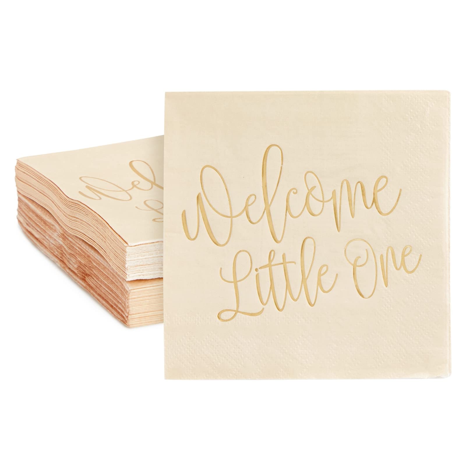 BLUE PANDA 50 Pack Pink Baby Shower Napkins - “Welcome Little One”Light Tan Napkins with Gold Foil for Baby Shower Decorations (5x5 In) - Baby Shower Napkins for Girl - Napkins for Baby Shower