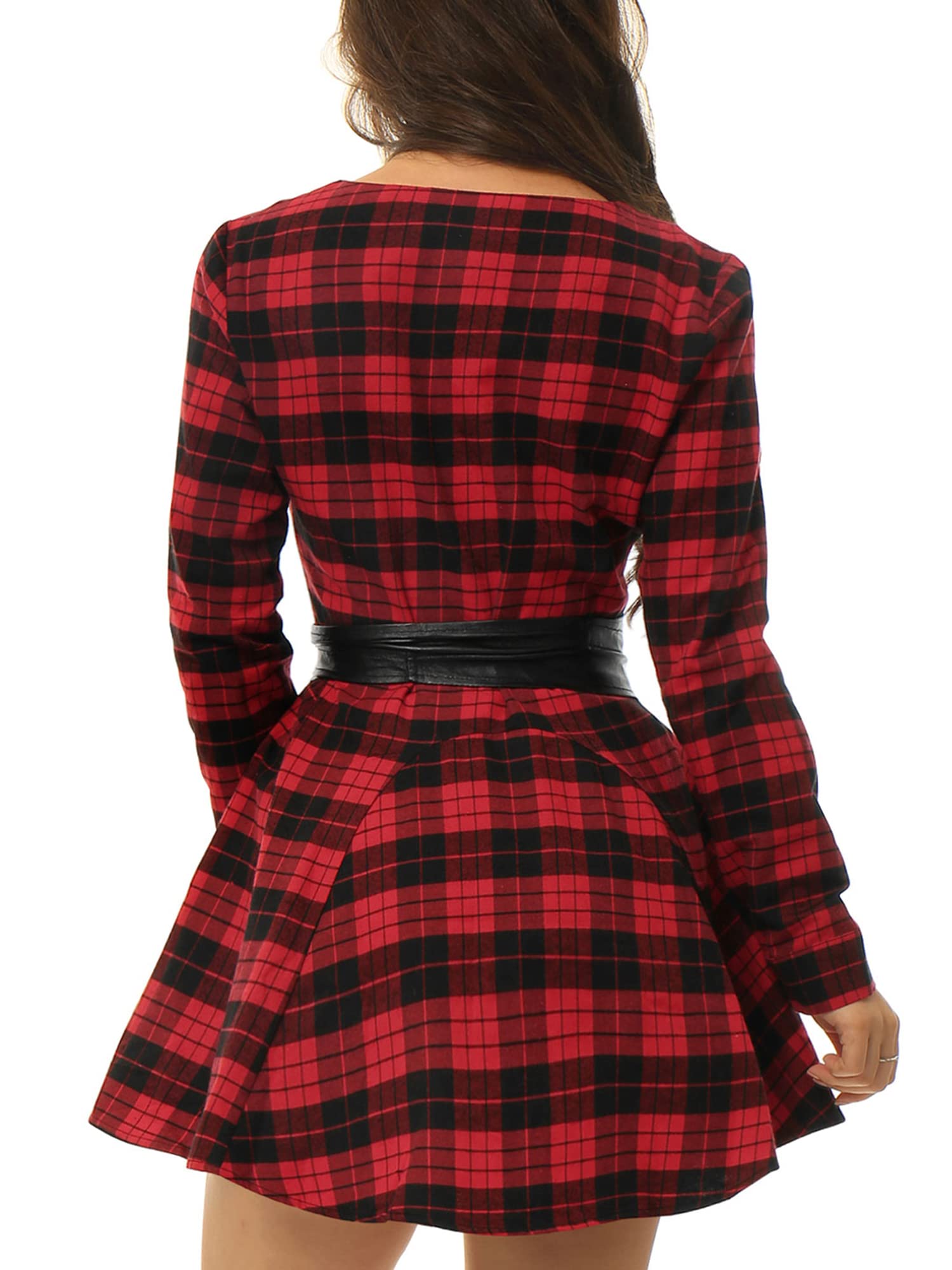 Allegra K Women's Christmas Plaid Dress Long Sleeve Button Down Belted Mini Shirtdress Small Red
