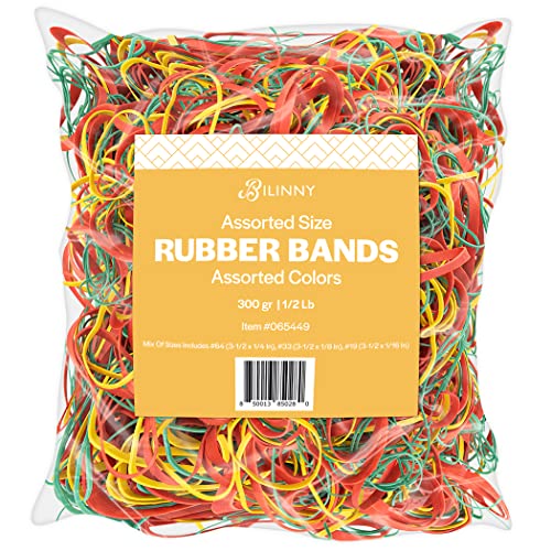 Bilinny Colored Rubber Bands Assorted Sizes 1/2 LB - Made in USA - 3 Colors Assorted Rubber Bands Sizes Included #64 (3.5" X 1/4") #33 (3.5" X 1/8") , and #19 (3.5" X 1/16")