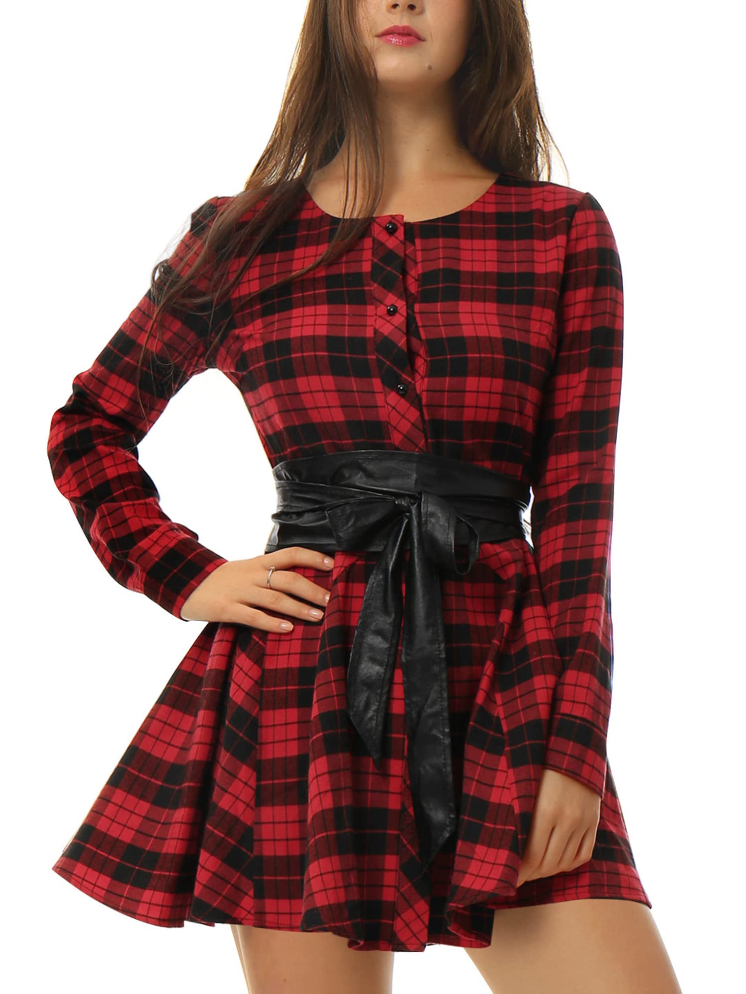 Allegra K Women's Christmas Plaid Dress Long Sleeve Button Down Belted Mini Shirtdress Small Red