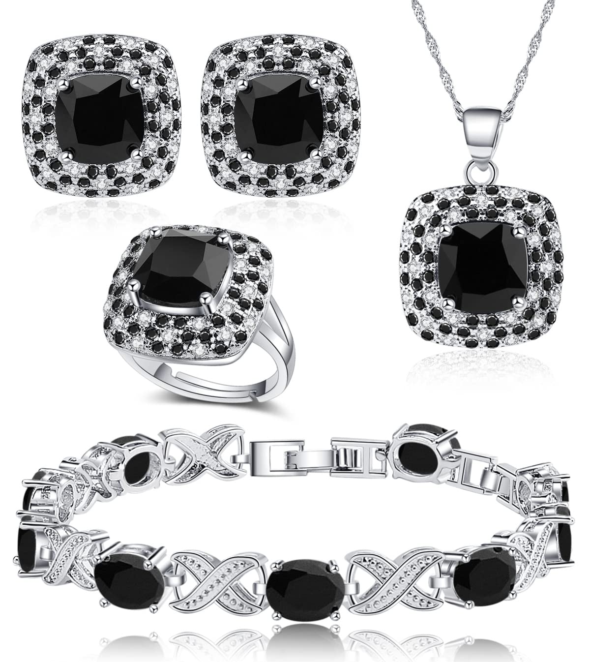 Jewelry Set for Women,Cubic Zirconia Tennis Necklace Ring Clips Earring Bracelet set Wedding Birthday Anniversary Engagement Gift For Wife Girlfriend Friend Bridal (Black)