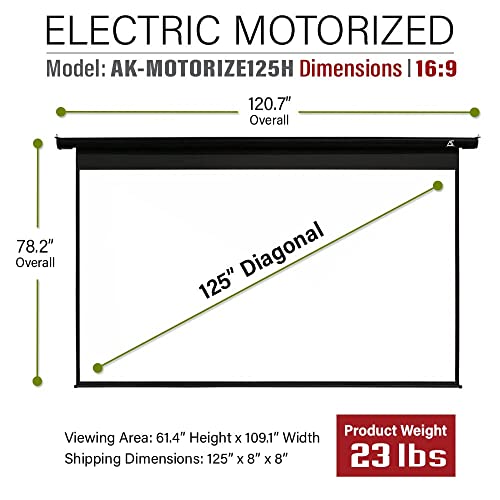 Akia Screens 125 inch Motorized Electric Remote Controlled Drop Down Projector Screen 16:9 8K 4K HD 3D Retractable Ceiling Wall Mount Black Projection Screen Office Home Theater Movie AK-MOTORIZE125H