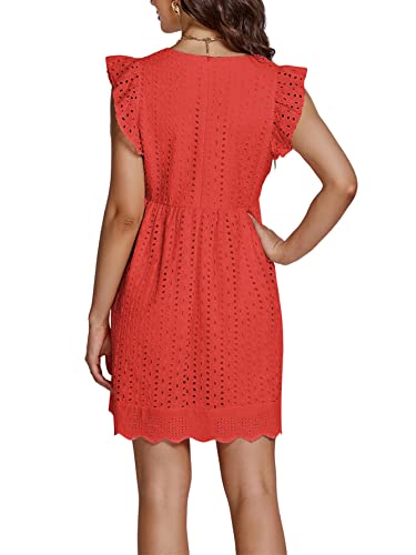 LYANER Women's Elegant Eyelet V Neck Ruffle Cap Sleeve Tank Babydoll A Line Mini Dress Red Medium