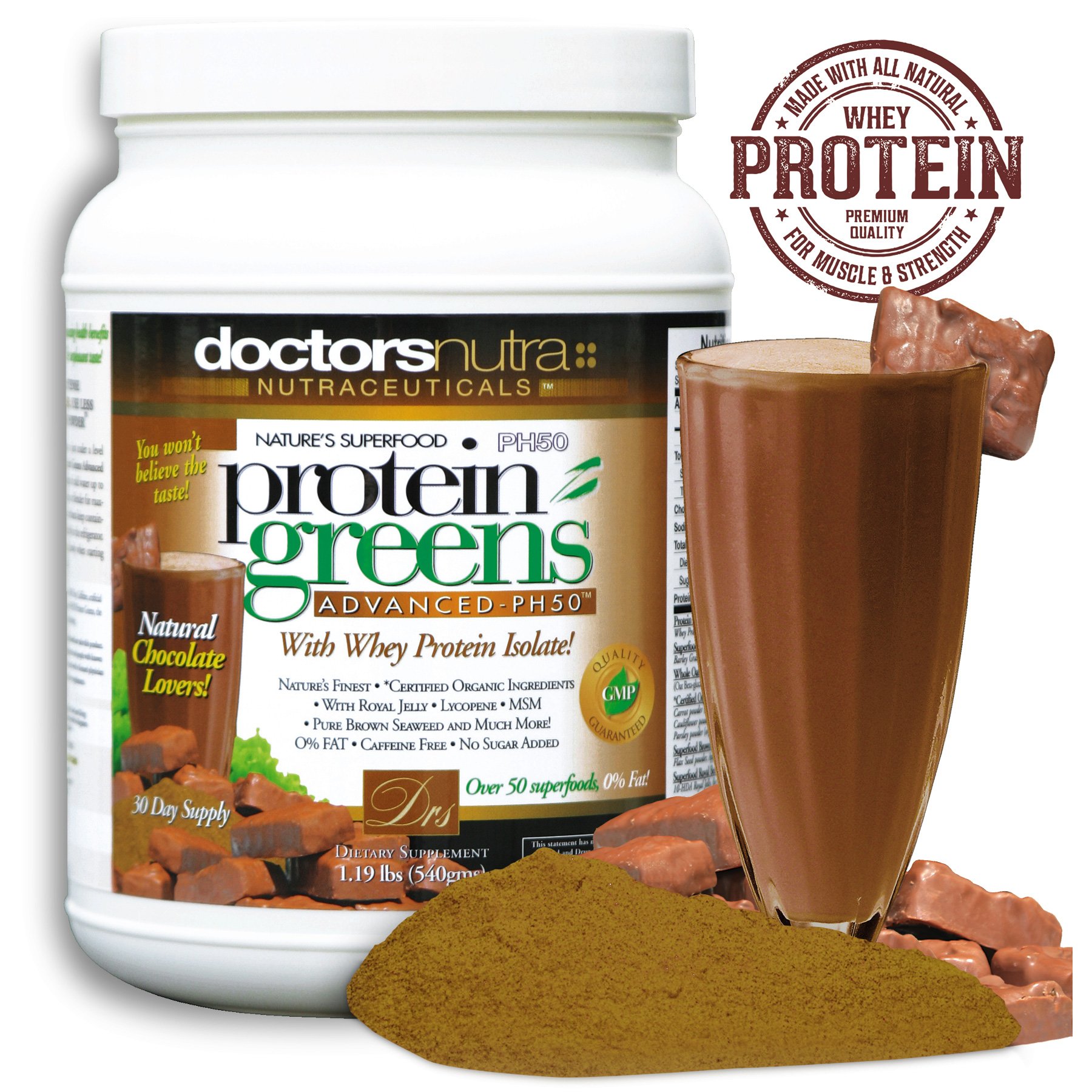 PH50 Protein Greens Drink with Certified Organic Ingredients by Doctors Nutra Nutraceuticals, 1.19 Pounds (540 Grams) 50 Superfoods, Digestive Enzymes, Natural Chocolate Flavor