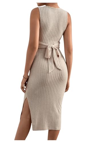 MakeMeChic Women's Maternity Ribbed Knit Sleeveless Criss Cross Tie Back Split Midi Bodycon Tank Dress Khaki L