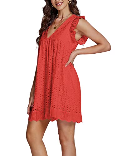 LYANER Women's Elegant Eyelet V Neck Ruffle Cap Sleeve Tank Babydoll A Line Mini Dress Red Medium
