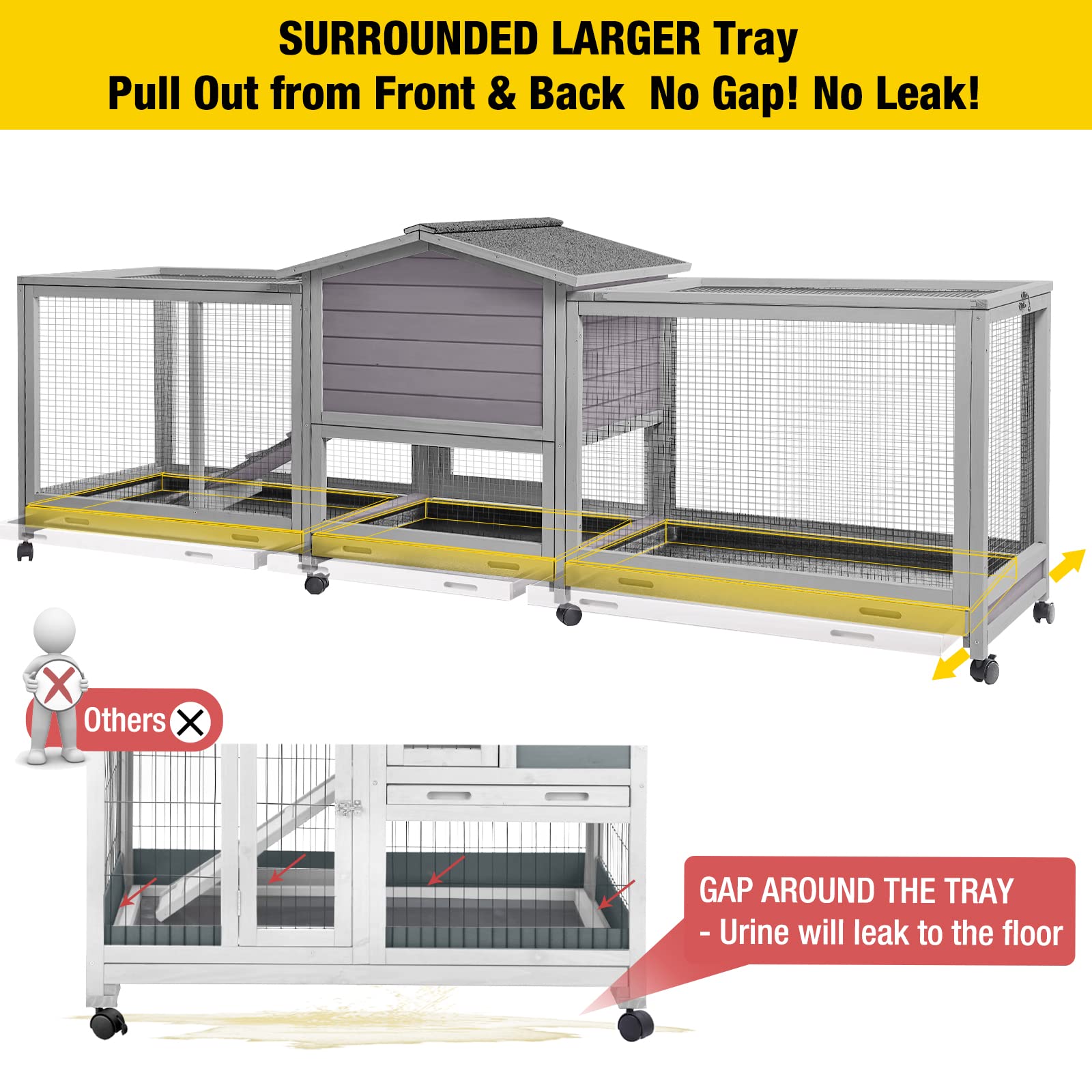 Aivituvin Rabbit Hutch 93.7" Large Rabbit Cage Indoor Outdoor Guinea Pig Cage Chicken Coop on Wheels Bunny Cage with 4 Deep No Leakage Pull Out Tray,Waterproof Roof