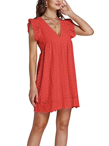 LYANER Women's Elegant Eyelet V Neck Ruffle Cap Sleeve Tank Babydoll A Line Mini Dress Red Medium