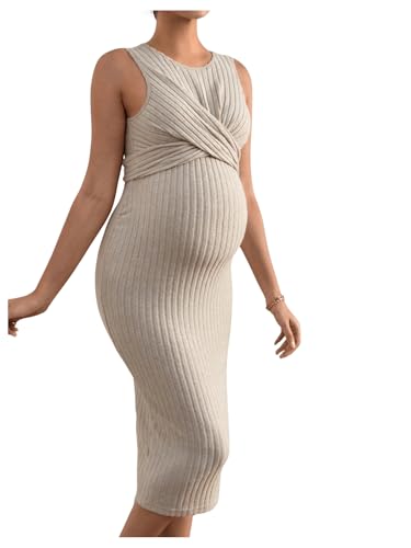 MakeMeChic Women's Maternity Ribbed Knit Sleeveless Criss Cross Tie Back Split Midi Bodycon Tank Dress Khaki L