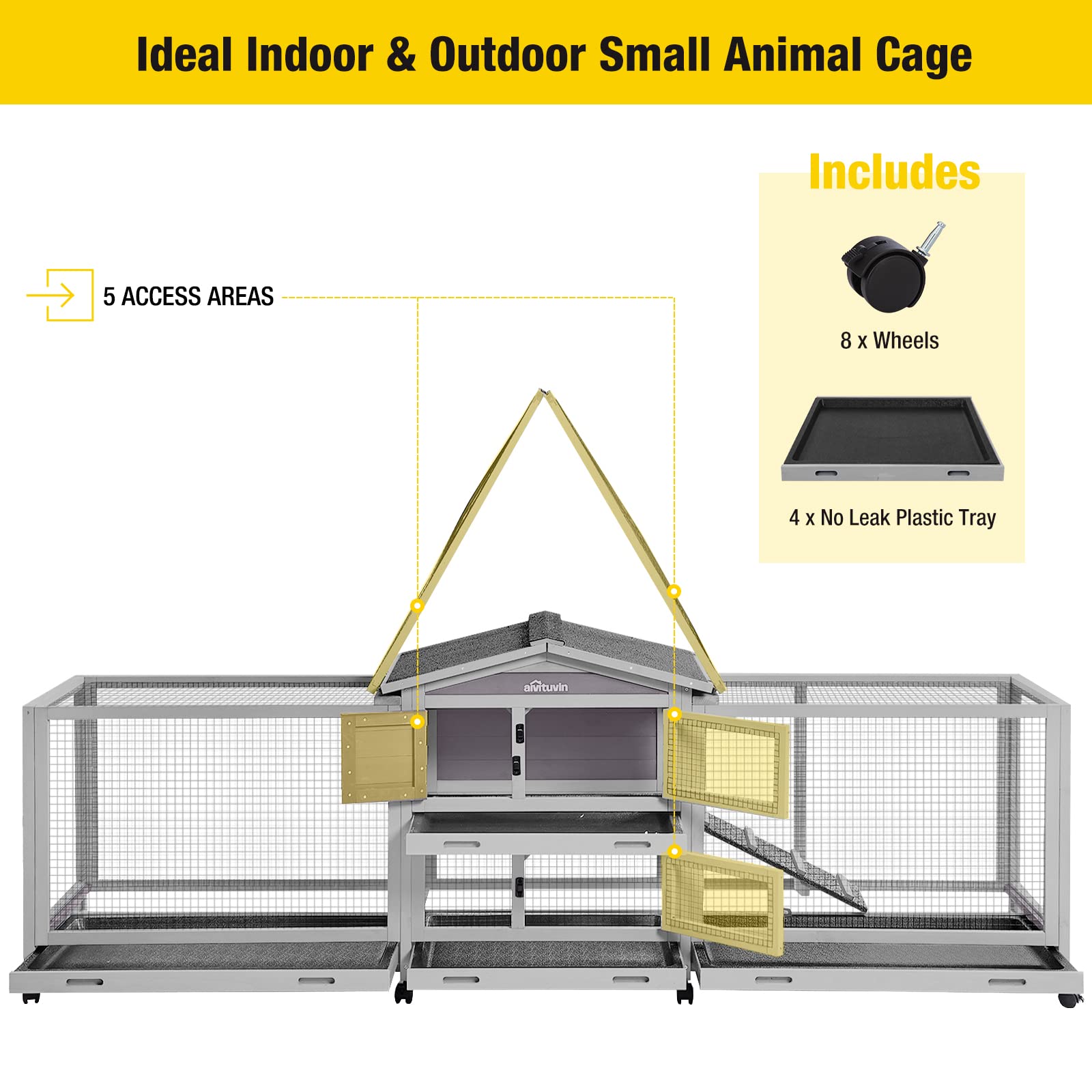 Aivituvin Rabbit Hutch 93.7" Large Rabbit Cage Indoor Outdoor Guinea Pig Cage Chicken Coop on Wheels Bunny Cage with 4 Deep No Leakage Pull Out Tray,Waterproof Roof