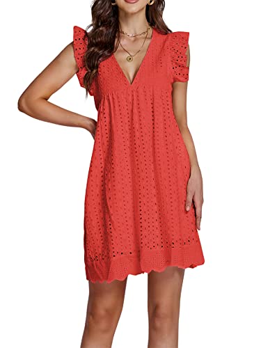 LYANER Women's Elegant Eyelet V Neck Ruffle Cap Sleeve Tank Babydoll A Line Mini Dress Red Medium