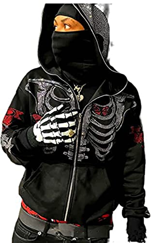 Creaion Bones Skeleton Rhinestone Graphic Y2k Hoodies Full Zip Up Hoodie over Face Rib Cage Jacket Oversized Hip Hop Streetwear Sweatshirt