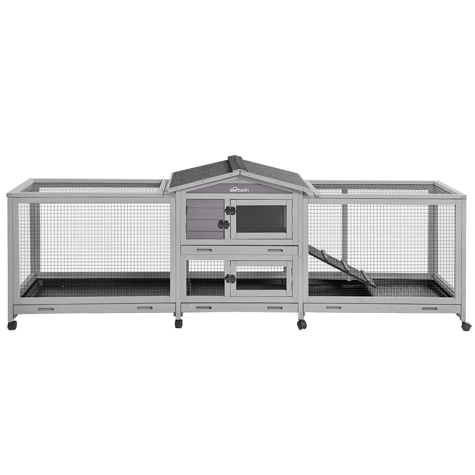 Aivituvin Rabbit Hutch 93.7" Large Rabbit Cage Indoor Outdoor Guinea Pig Cage Chicken Coop on Wheels Bunny Cage with 4 Deep No Leakage Pull Out Tray,Waterproof Roof
