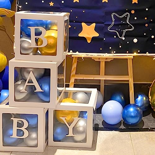 EAF Baby Boxes with Letters for Baby Shower, 4 Pcs Clear Balloon Blocks with 8 Letters for Gender Reveal Decorations and Baby Shower Decorations (White)