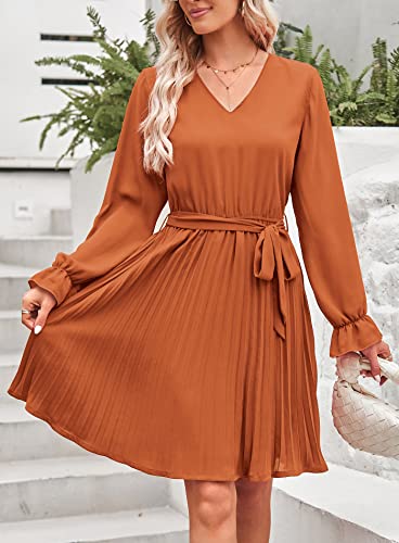 PRETTYGARDEN Women's Casual Spring Fall Dresses Long Puff Sleeve V Neck Pleated Ruffle Flowy Belted Dress (Brick Red,Medium)