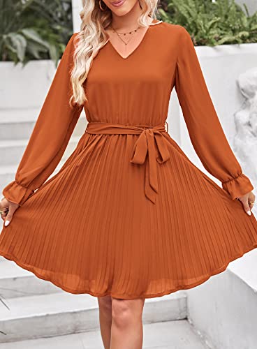 PRETTYGARDEN Women's Casual Spring Fall Dresses Long Puff Sleeve V Neck Pleated Ruffle Flowy Belted Dress (Brick Red,Medium)