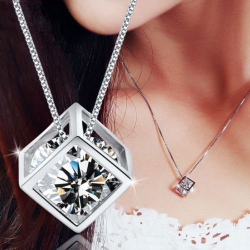 Crystalline Azuria White Zirconia Crystals Cube Set Pendant Necklace 18 inches Dangle Earrings 18K White Gold Plated