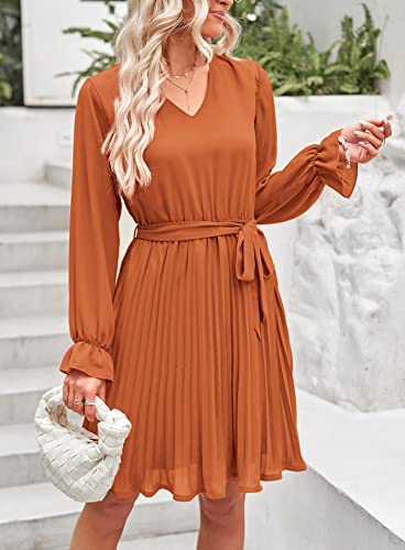 PRETTYGARDEN Women's Casual Spring Fall Dresses Long Puff Sleeve V Neck Pleated Ruffle Flowy Belted Dress (Brick Red,Medium)