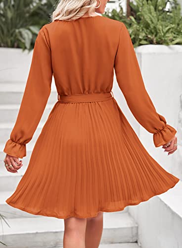 PRETTYGARDEN Women's Casual Spring Fall Dresses Long Puff Sleeve V Neck Pleated Ruffle Flowy Belted Dress (Brick Red,Medium)
