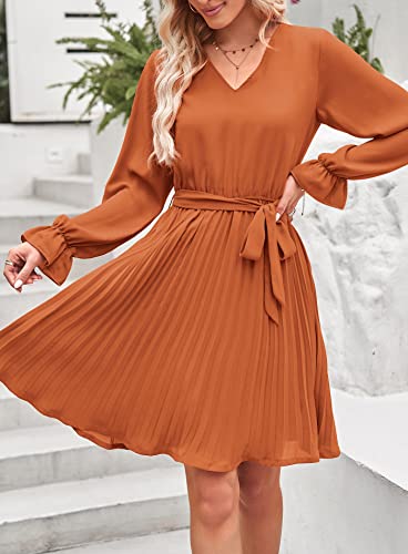 PRETTYGARDEN Women's Casual Spring Fall Dresses Long Puff Sleeve V Neck Pleated Ruffle Flowy Belted Dress (Brick Red,Medium)