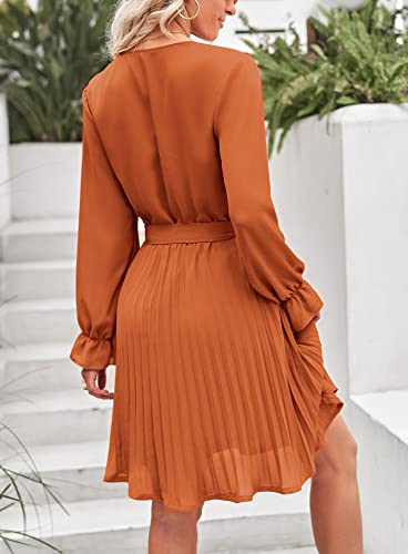 PRETTYGARDEN Women's Casual Spring Fall Dresses Long Puff Sleeve V Neck Pleated Ruffle Flowy Belted Dress (Brick Red,Medium)