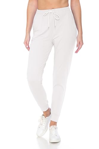 Leggings Depot Womens Relaxed fit Jogger Pants - Track Cuff Sweatpants with Pockets, White, Medium