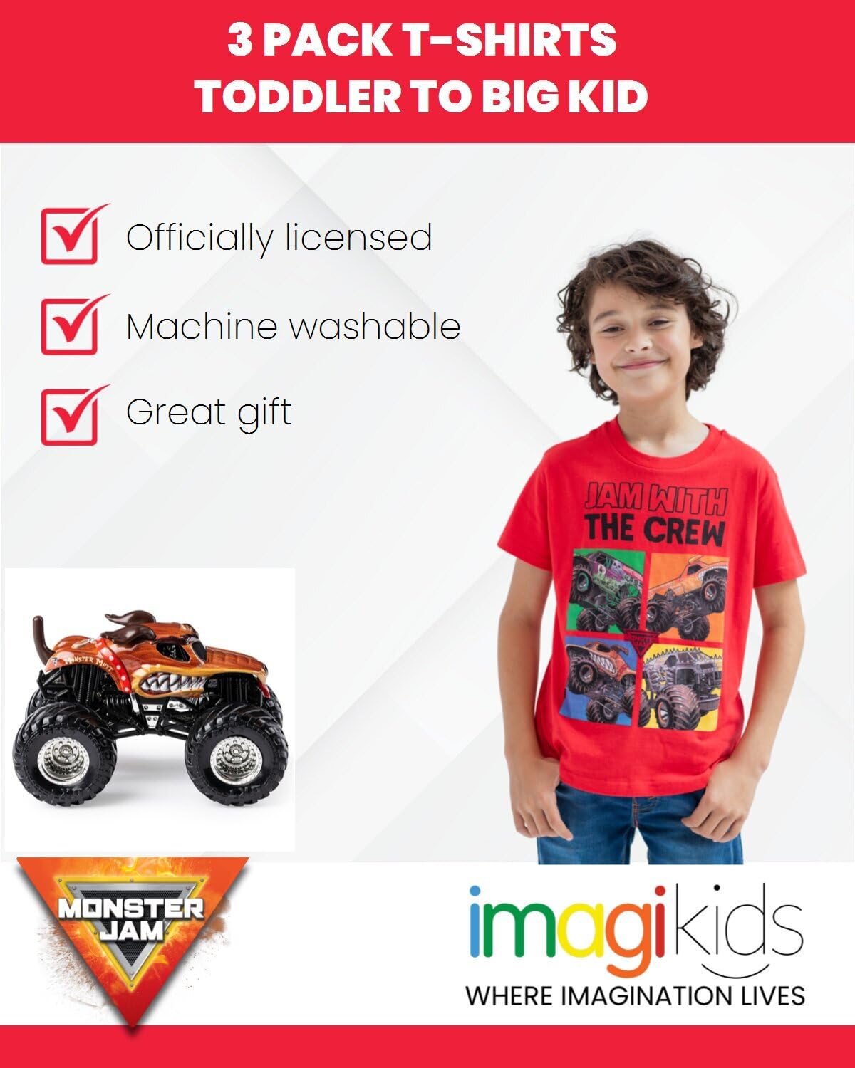 Monster Jam Little Boys 3 Pack Graphic T-Shirts Kids Black/Red/Grey 7