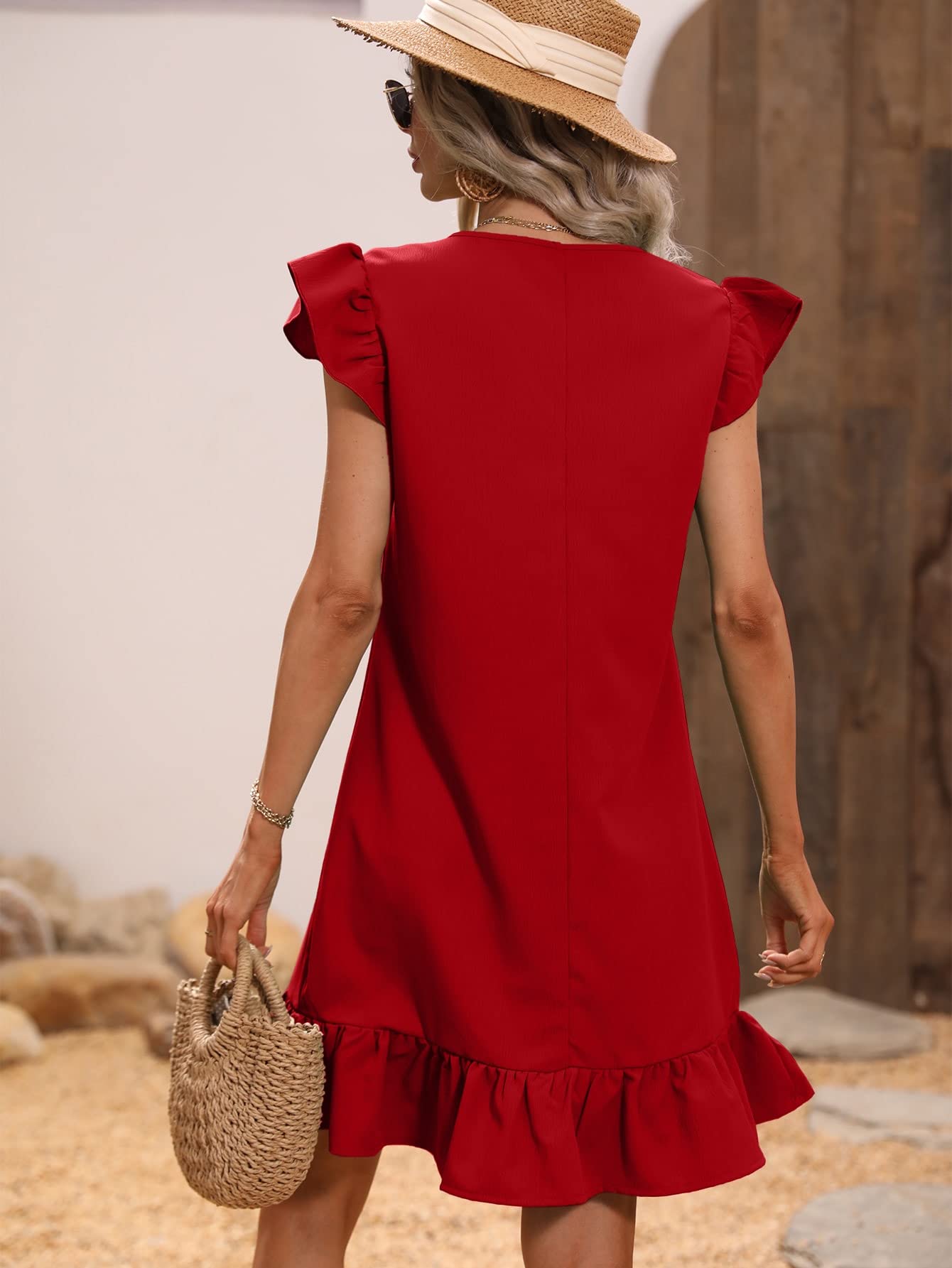 SOLY HUX Summer Dresses for Women V Neck Cap Sleeve Ruffle Hem Smock Short Dress Plain Red XL