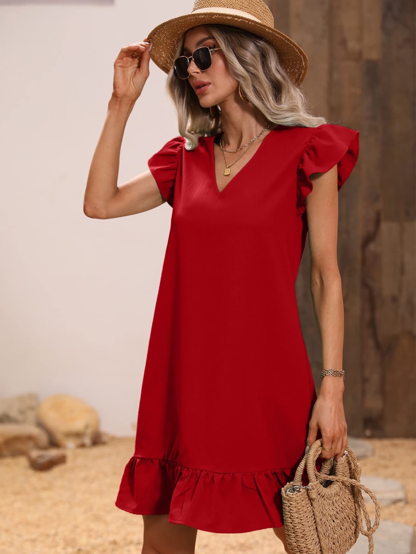 SOLY HUX Summer Dresses for Women V Neck Cap Sleeve Ruffle Hem Smock Short Dress Plain Red XL