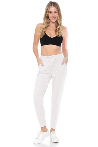 Leggings Depot Womens Relaxed fit Jogger Pants - Track Cuff Sweatpants with Pockets, White, Medium