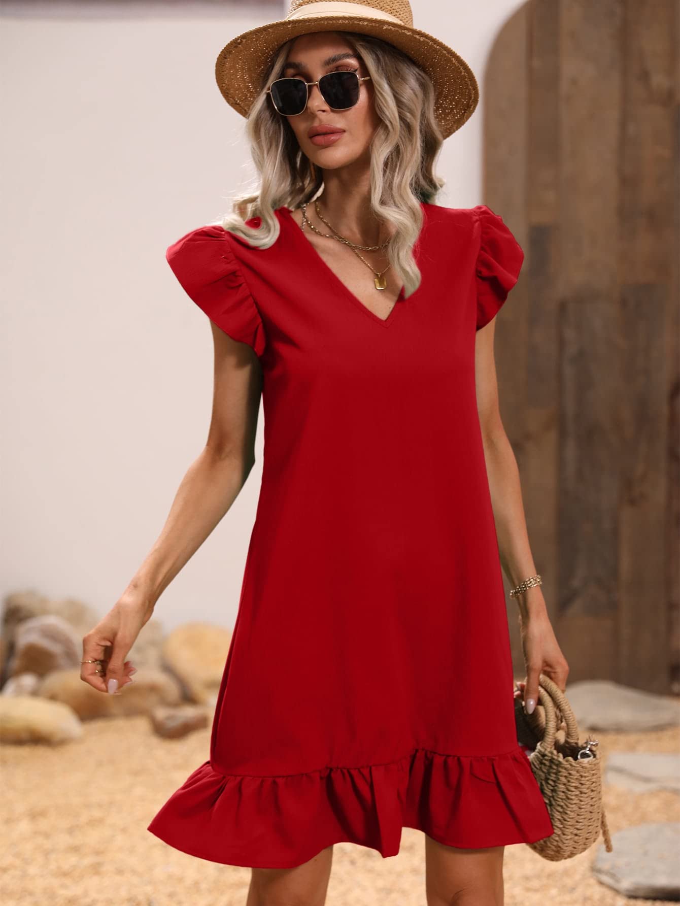 SOLY HUX Summer Dresses for Women V Neck Cap Sleeve Ruffle Hem Smock Short Dress Plain Red XL