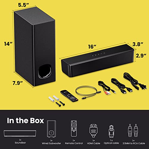PHEANOO 2.1 Compact Sound Bars for TV with Subwoofer, HDMI ARC/Bluetooth 5.0/Optical/AUX/RCA Connection, Remote Control, Adjustable Bass, Wall Mountable β P15, 140W, 16 inch