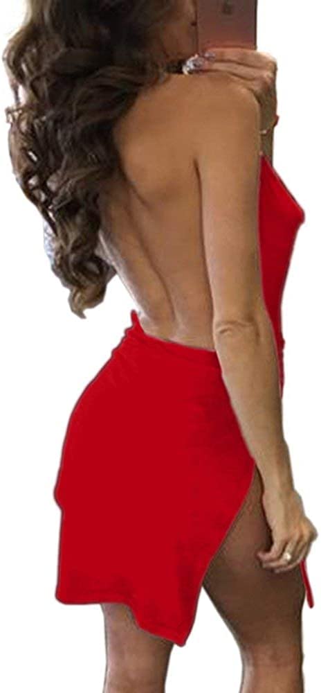 VANCOL Women's Sexy Deep V-Neck Halter Backless Slit Mini Party Club Dress (S, Red)