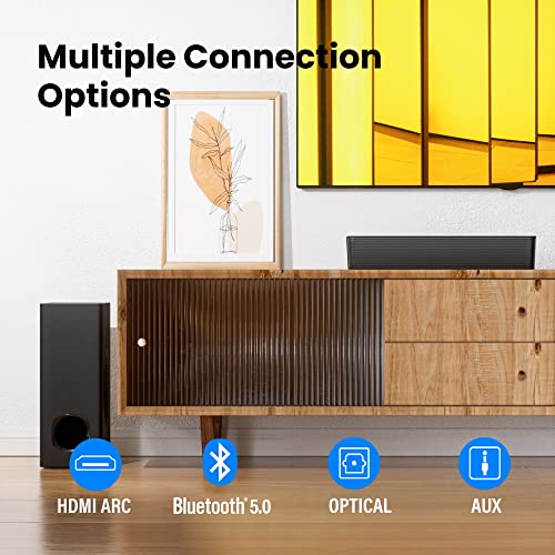 PHEANOO 2.1 Compact Sound Bars for TV with Subwoofer, HDMI ARC/Bluetooth 5.0/Optical/AUX/RCA Connection, Remote Control, Adjustable Bass, Wall Mountable β P15, 140W, 16 inch