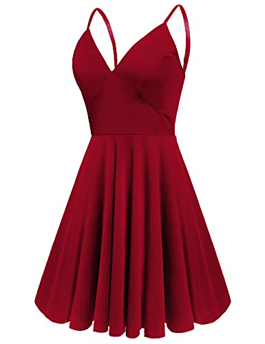 ELESOL Women Sexy Deep V-Neck Backless Spaghetti Strap Skater Dress Short Red Dress Wine Red L