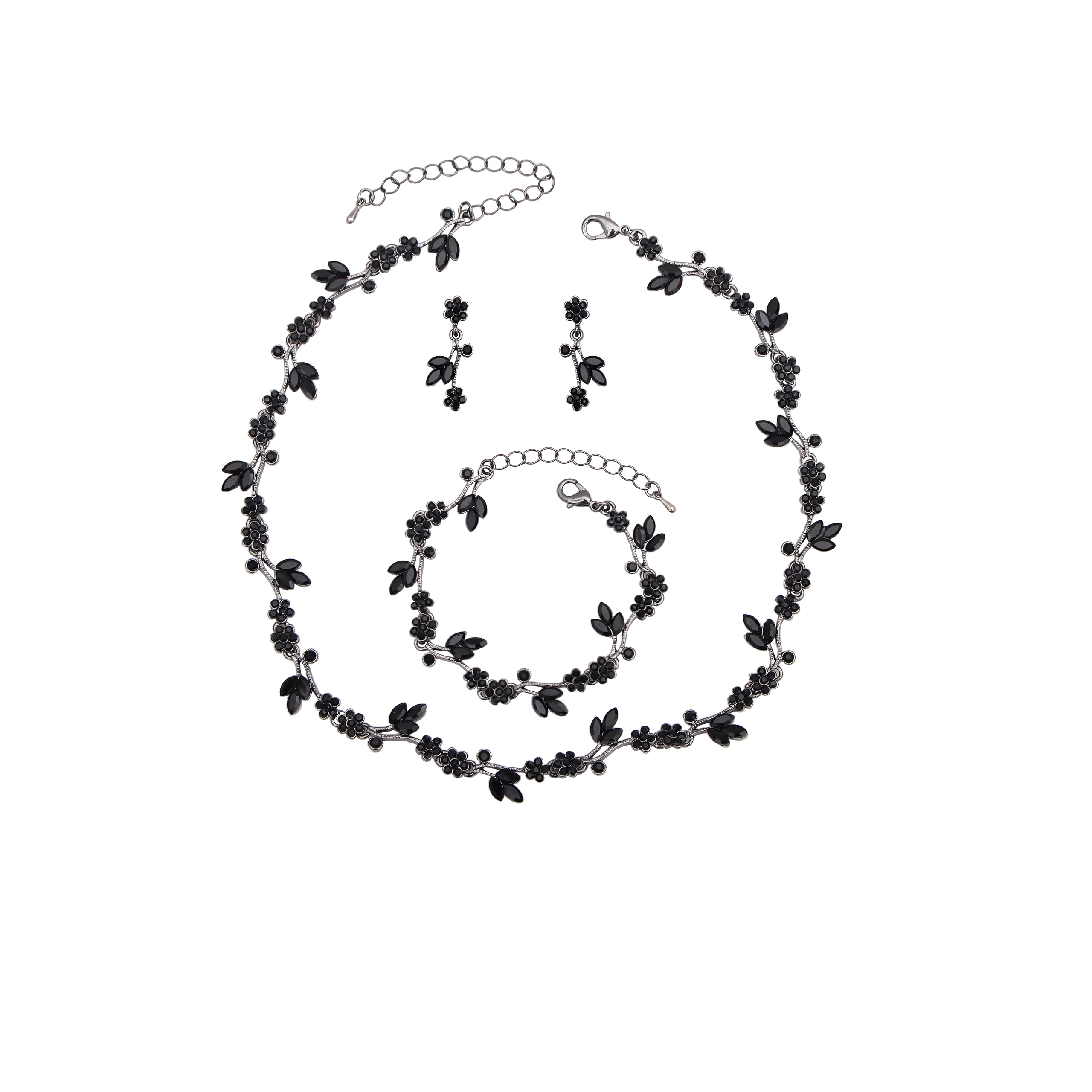 QLLYHLH Brides Bridesmaid Flower Leaf Choker Necklace Dangle Earrings Link Bracelet Austrian Crystal Wedding Jewelry Set for Prom Costume Party Accessories for Woman(Black-Gun plated)