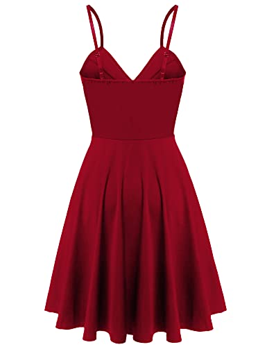 ELESOL Women Sexy Deep V-Neck Backless Spaghetti Strap Skater Dress Short Red Dress Wine Red L