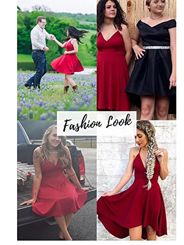 ELESOL Women Sexy Deep V-Neck Backless Spaghetti Strap Skater Dress Short Red Dress Wine Red L