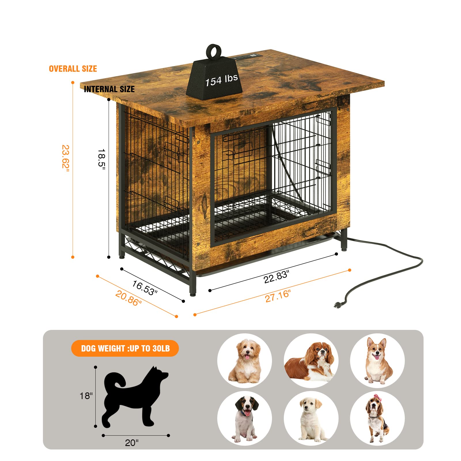WASAGUN Wood Dog Kennel End Table with Pull-Out Tray, Power Outlets - For Small & Medium Dogs up to 30 lb, Brown