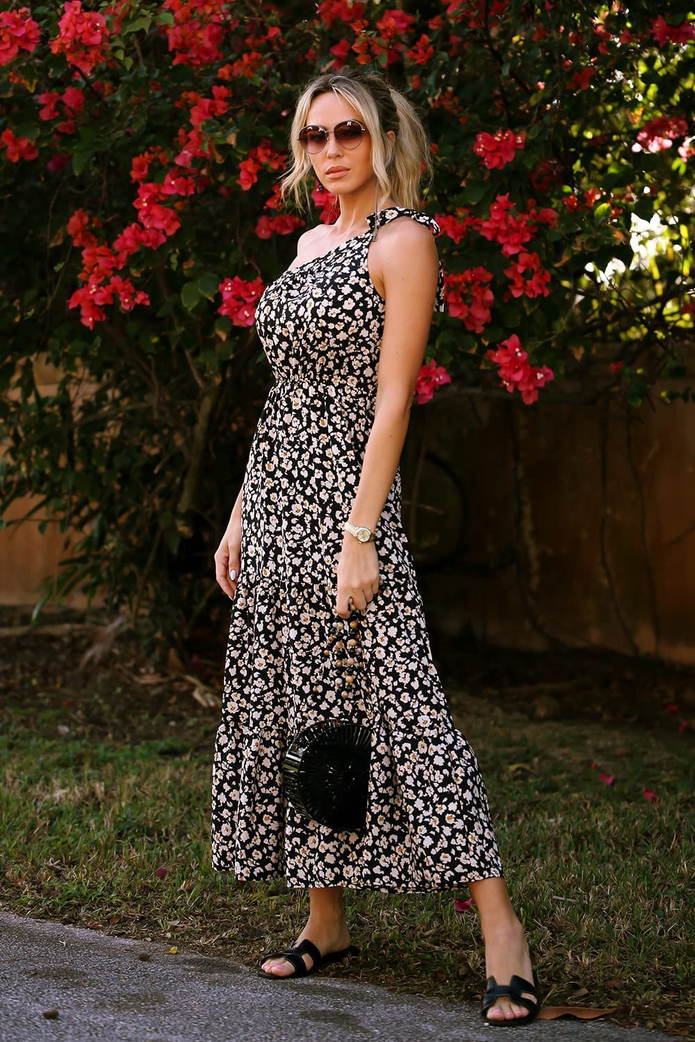 PRETTYGARDEN Women's Summer Floral Maxi Dress Knot One Shoulder Sleeveless Ruffle Flowy Boho Beach Wedding Guest Dresses(Black,X-Large)