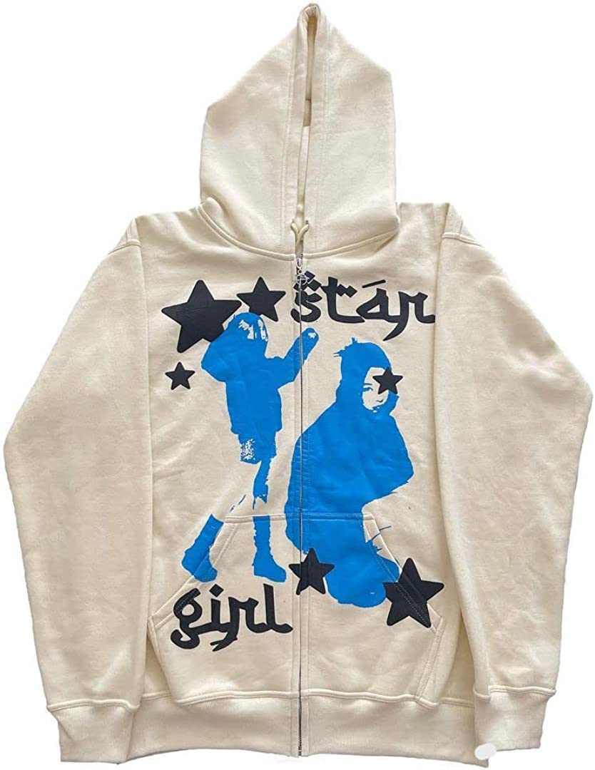 NECHARI Women Y2k Zip Up Hoodie Vintage Graphic Oversized Hooded Sweatshirt Jacket Grunge Fairycore Coats Harajuku Streetwear (as1, alpha, x_l, regular, regular, Apricot)