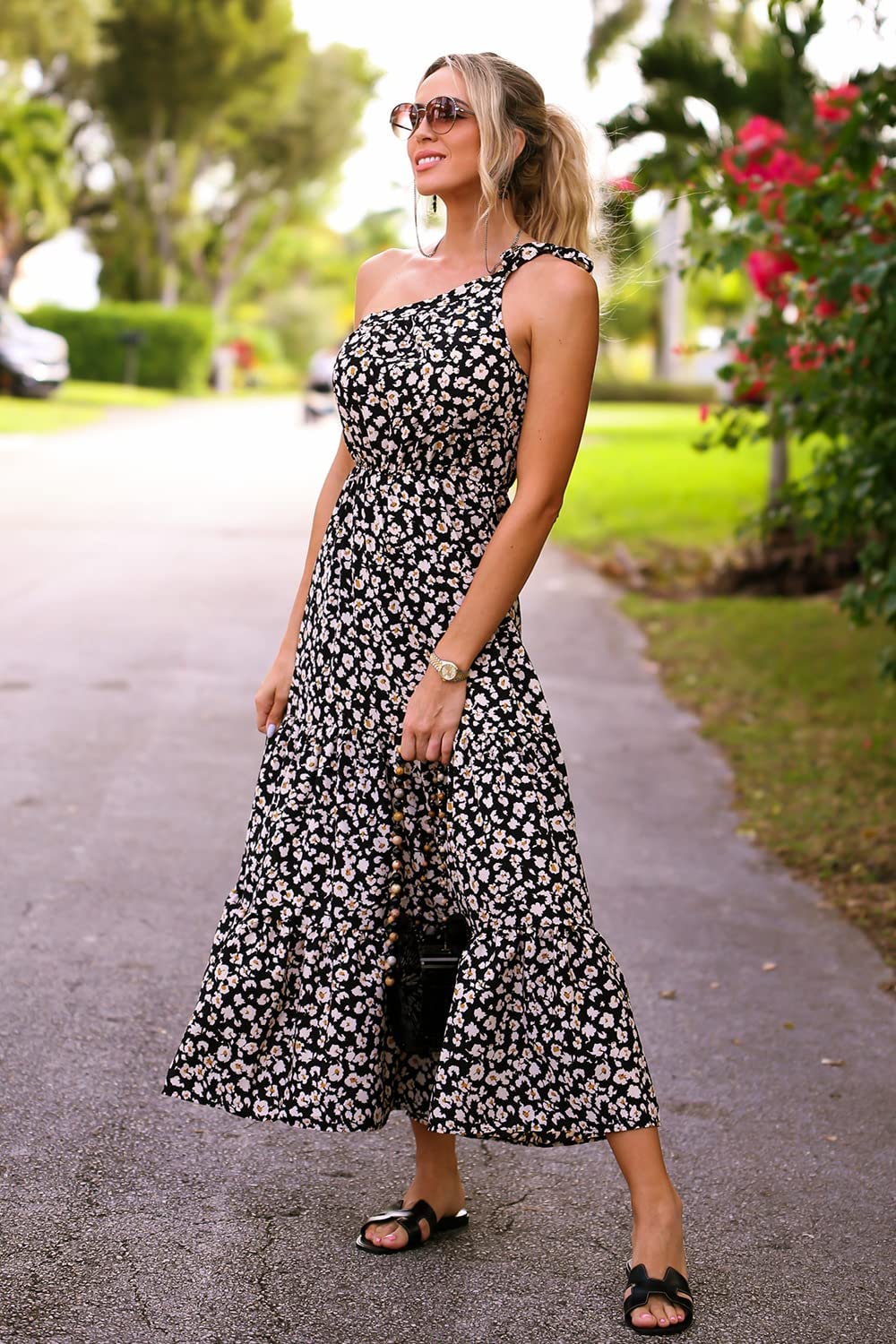 PRETTYGARDEN Women's Summer Floral Maxi Dress Knot One Shoulder Sleeveless Ruffle Flowy Boho Beach Wedding Guest Dresses(Black,X-Large)