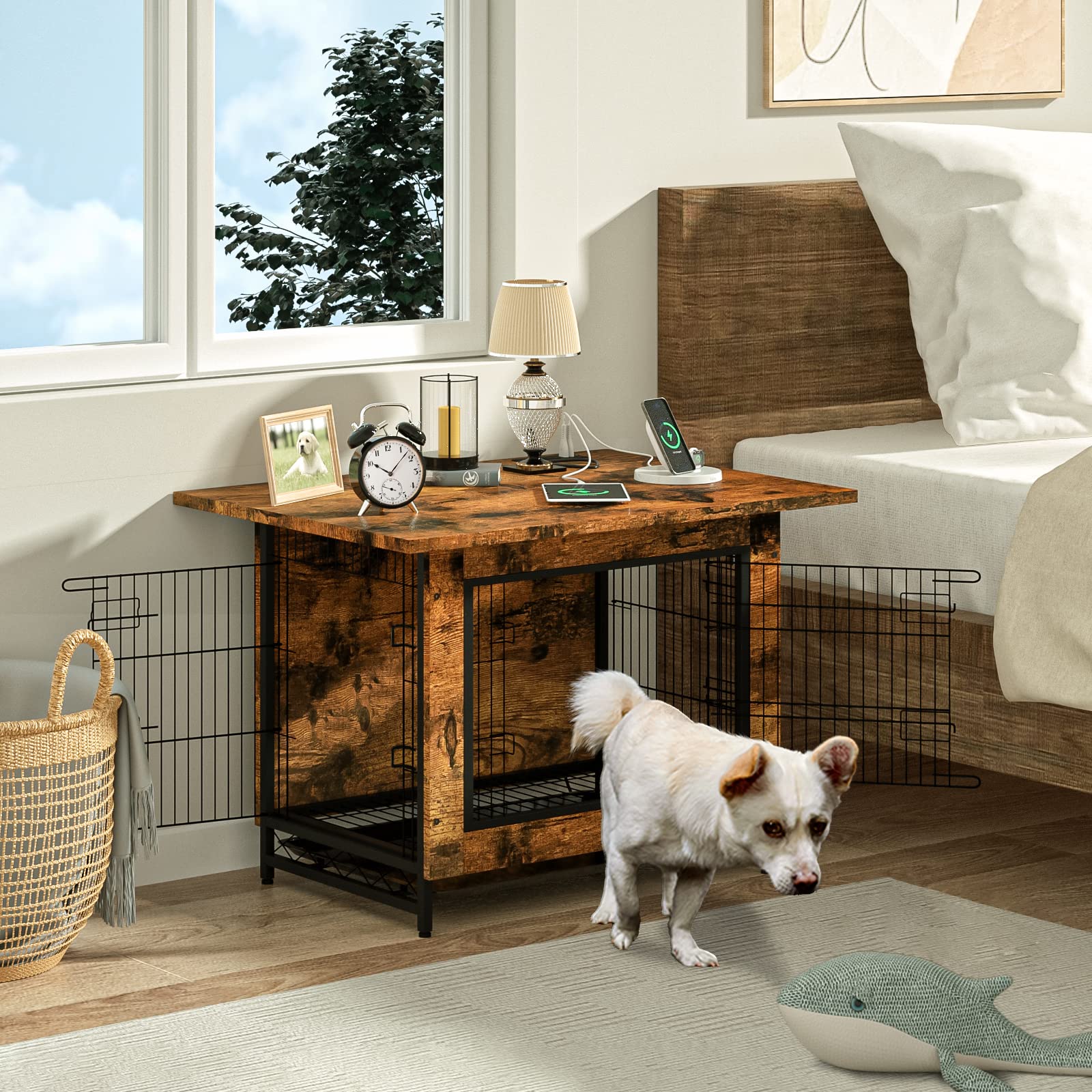 WASAGUN Wood Dog Kennel End Table with Pull-Out Tray, Power Outlets - For Small & Medium Dogs up to 30 lb, Brown