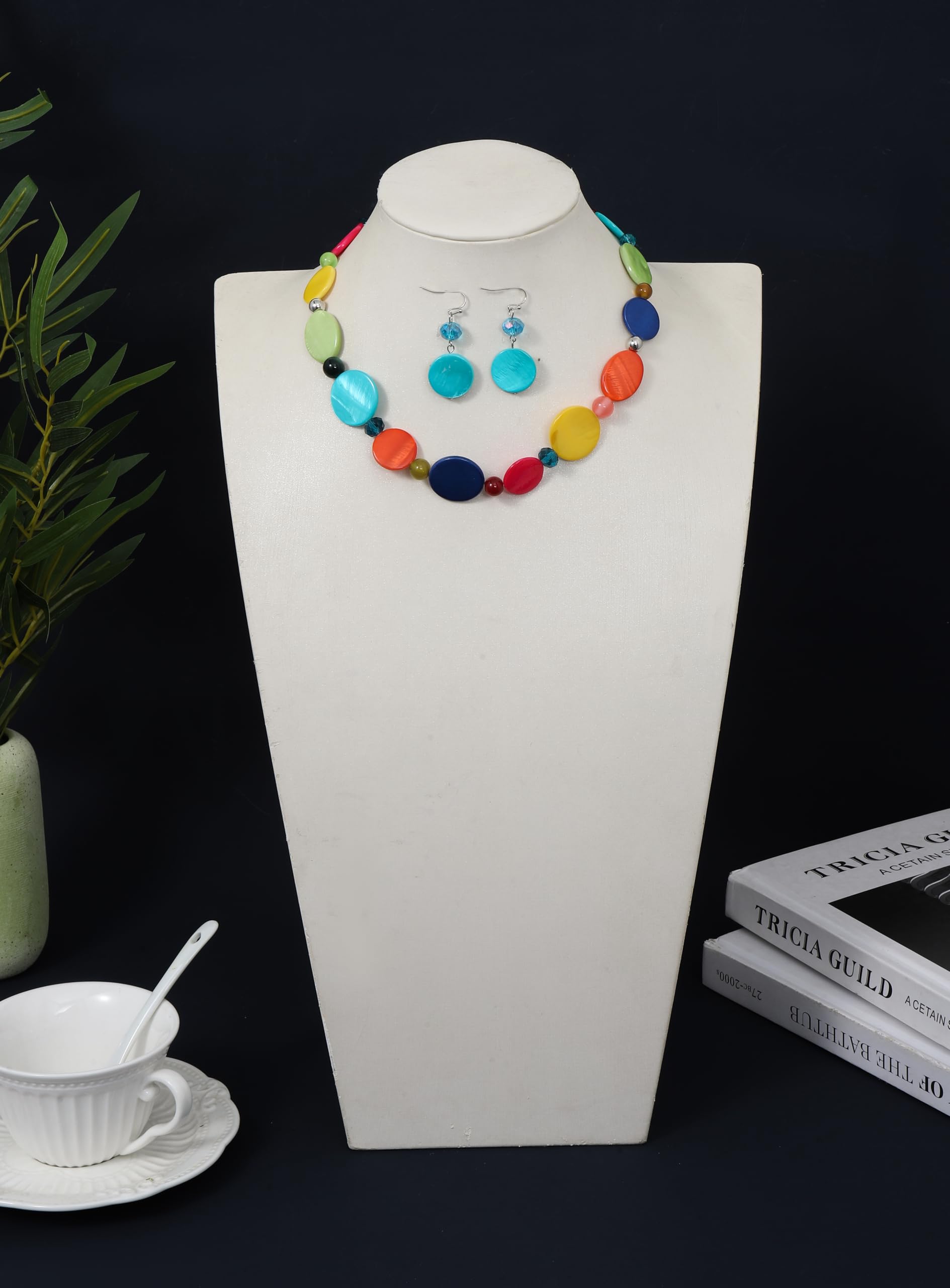 Jules D. Simple Beaded Choker Necklace Handmade Shell Multi Colorful Brown Green Beads Statement Necklace Bracelet Earring Set Costume Jewelry for Women Gifts (Multi)