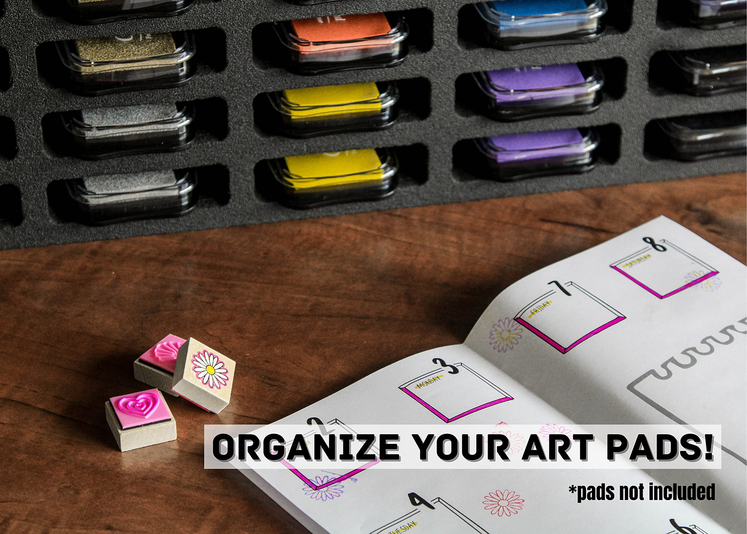 Polar Whale 2 Ink Pad Storage Trays Organizer Stamping Design Stand Supply Black Foam Horizontal Holder Non-Rattle Washable Compatible with Versamark, Versafine, Distress, Stazon and More Holds 30