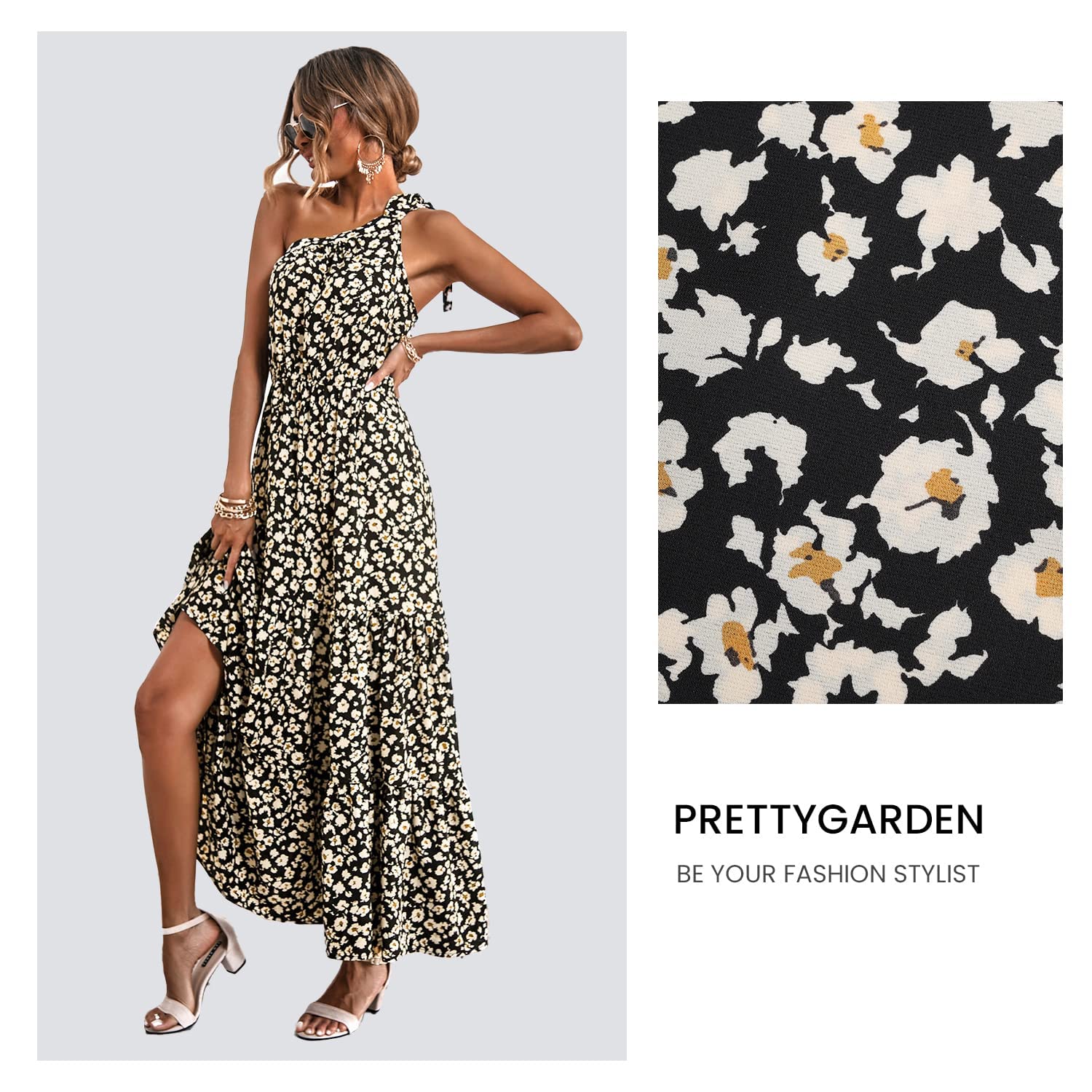 PRETTYGARDEN Women's Summer Floral Maxi Dress Knot One Shoulder Sleeveless Ruffle Flowy Boho Beach Wedding Guest Dresses(Black,X-Large)