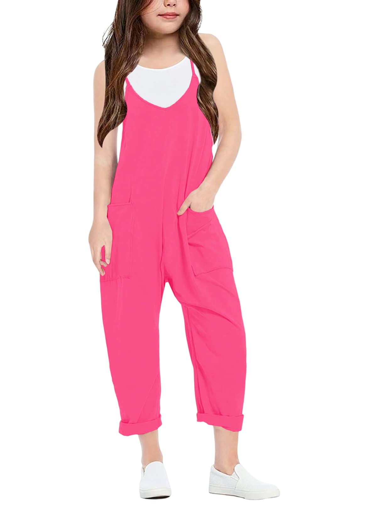 Cnkwei Girls' Casual Sleeveless Jumpsuits Spaghetti Strap Loose Romper Long Pants with Pockets