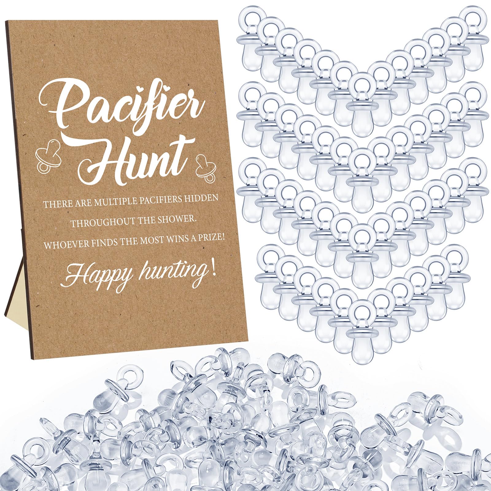Thyle 51 Pcs Pacifier Hunt Baby Shower Games Include Hunt Sign and 50 Acrylic Pacifiers for Baby Shower Game Decoration Gift Sets Gender Reveal Party Decor(Kraft)