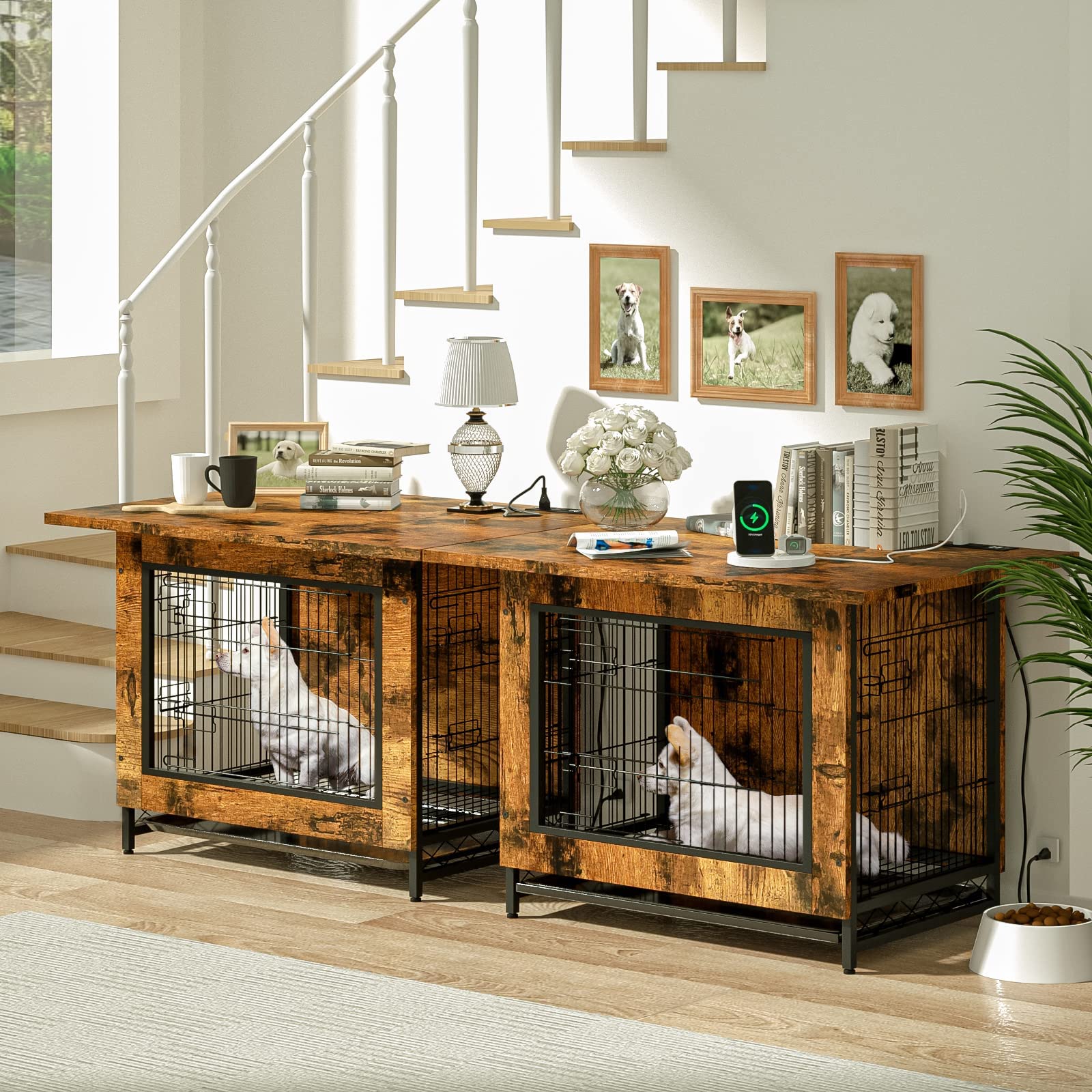 WASAGUN Wood Dog Kennel End Table with Pull-Out Tray, Power Outlets - For Small & Medium Dogs up to 30 lb, Brown